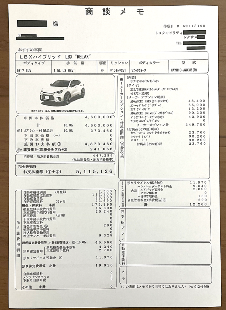 レクサスLBX値引き込みの見積もりを公開！総額や乗り出し価格は？｜くるまはっく